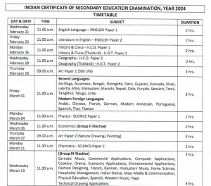 ICSE & ISC Date Sheet 2024 | 10th and 12th Time Table