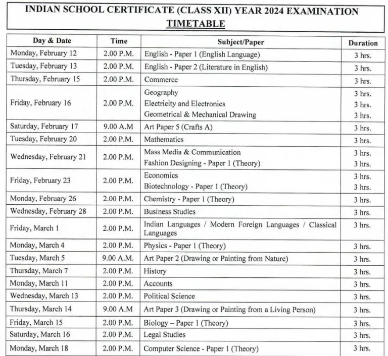ICSE & ISC Date Sheet 2024 | 10th and 12th Time Table